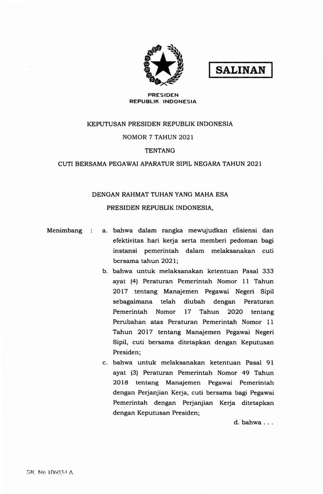 Salinan keppres nomor 7 tahun 2021 | PDF