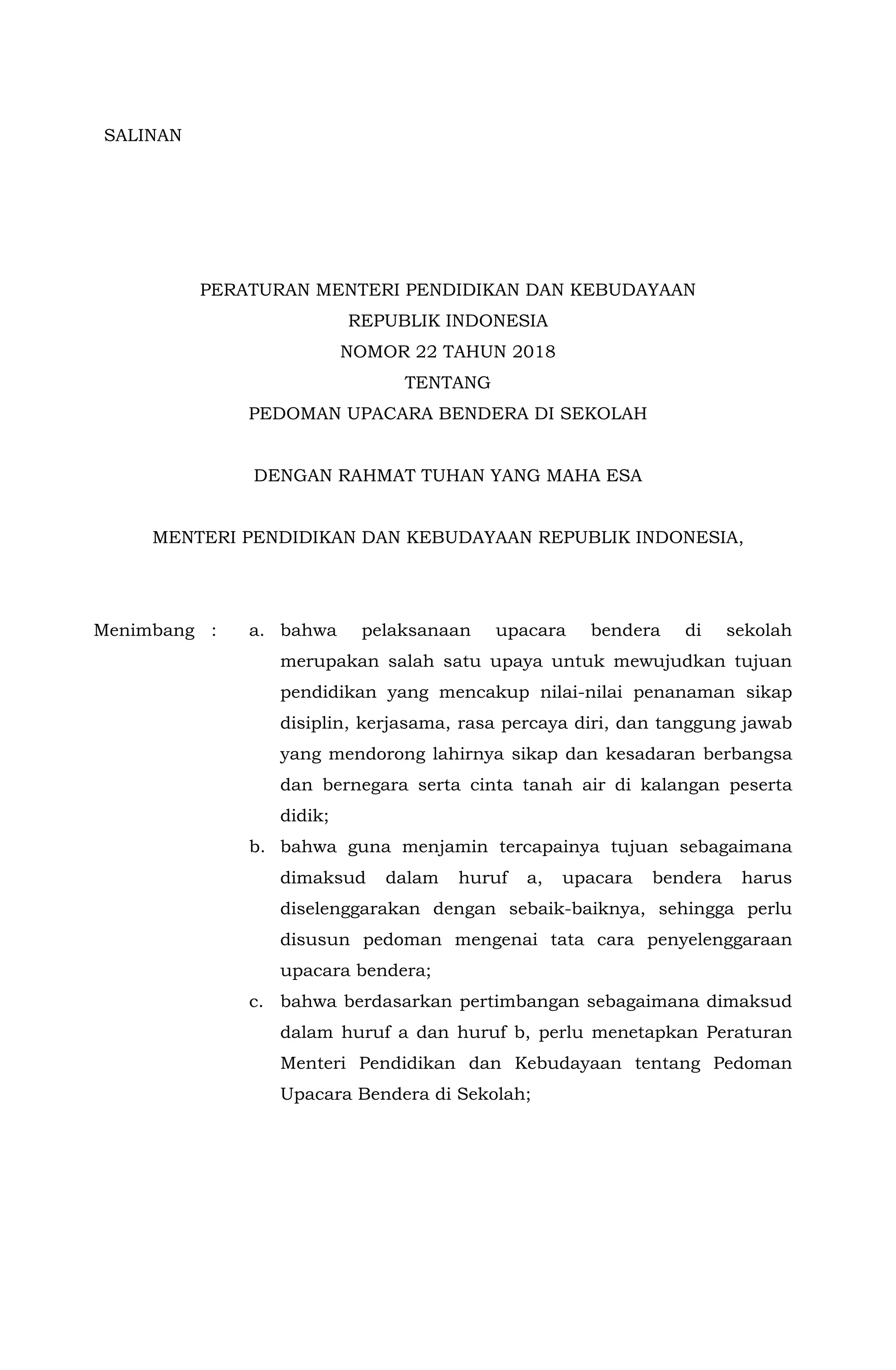 Salinan permen 22 tahun 2018 pedoman upacara bendera | PDF