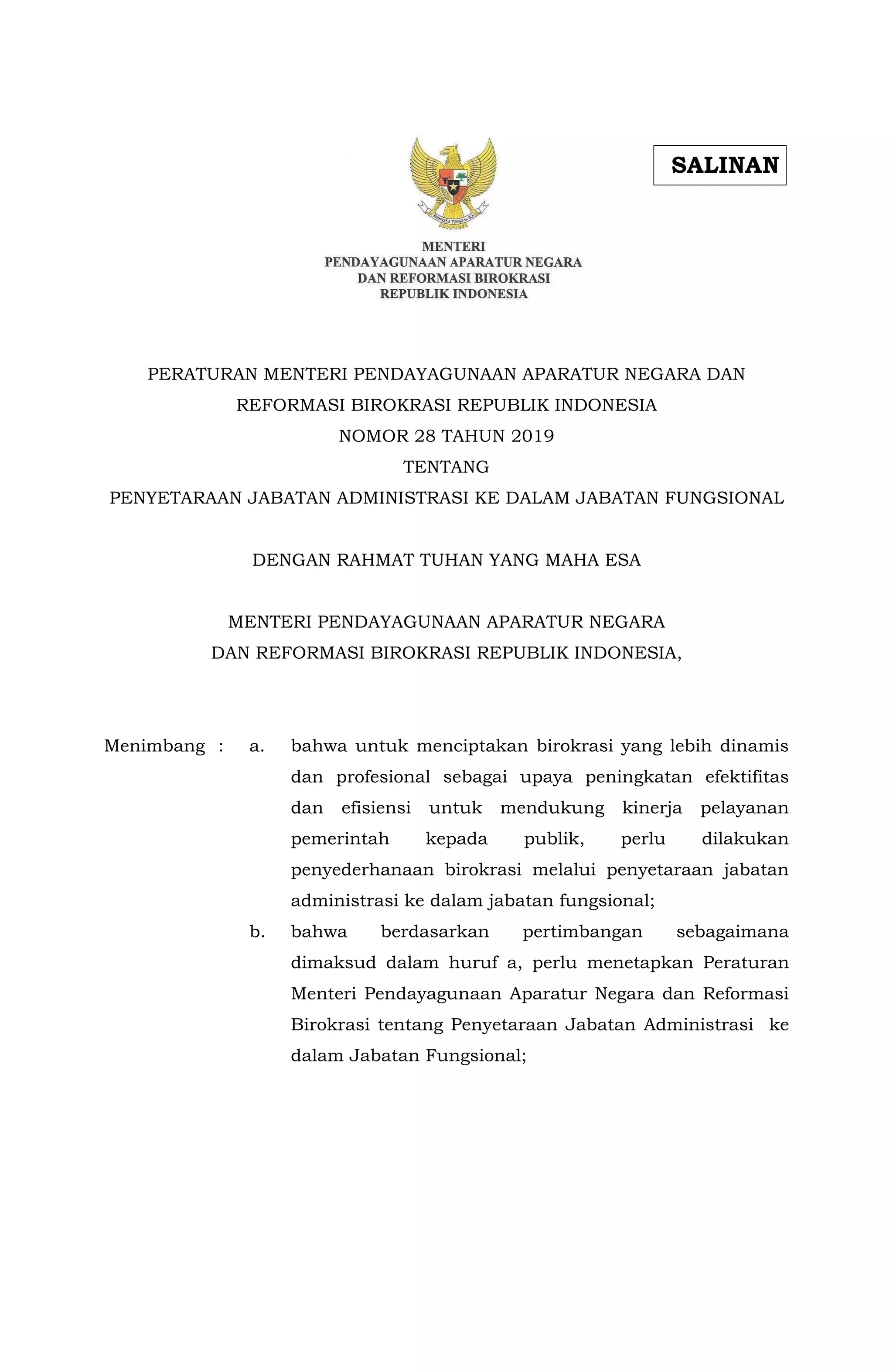 PERATURAN MENTERI PENDAYAGUNAAN APARATUR NEGARA DAN REFORMASI BIROKRASI ...
