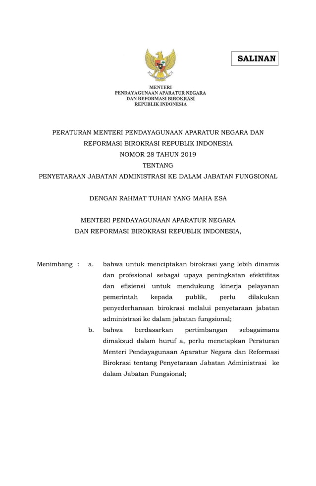 PERATURAN MENTERI PENDAYAGUNAAN APARATUR NEGARA DAN REFORMASI BIROKRASI REPUBLIK INDONESIA NOMOR ...