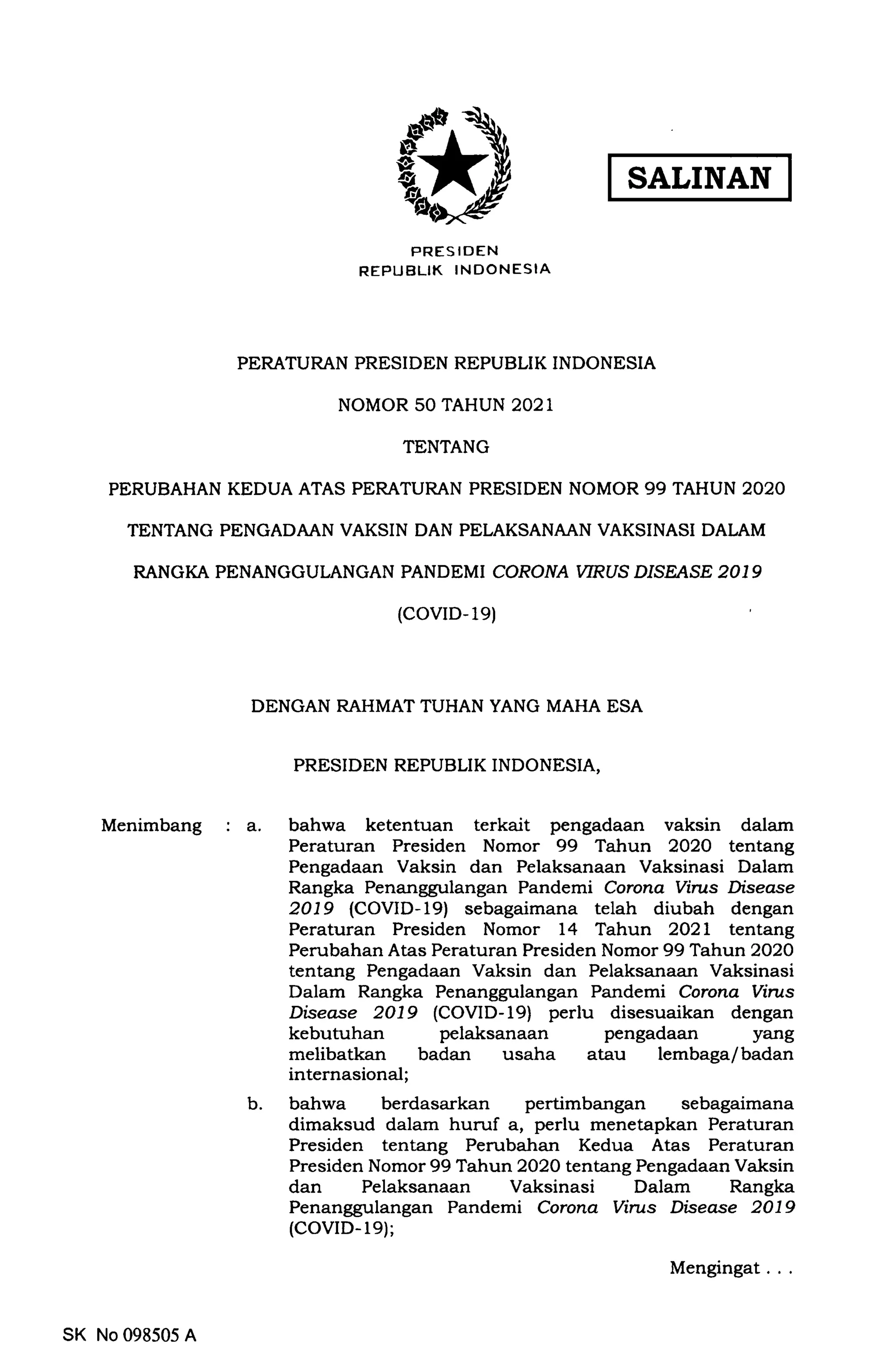 Salinan perpres nomor 50 tahun 2021 | PDF