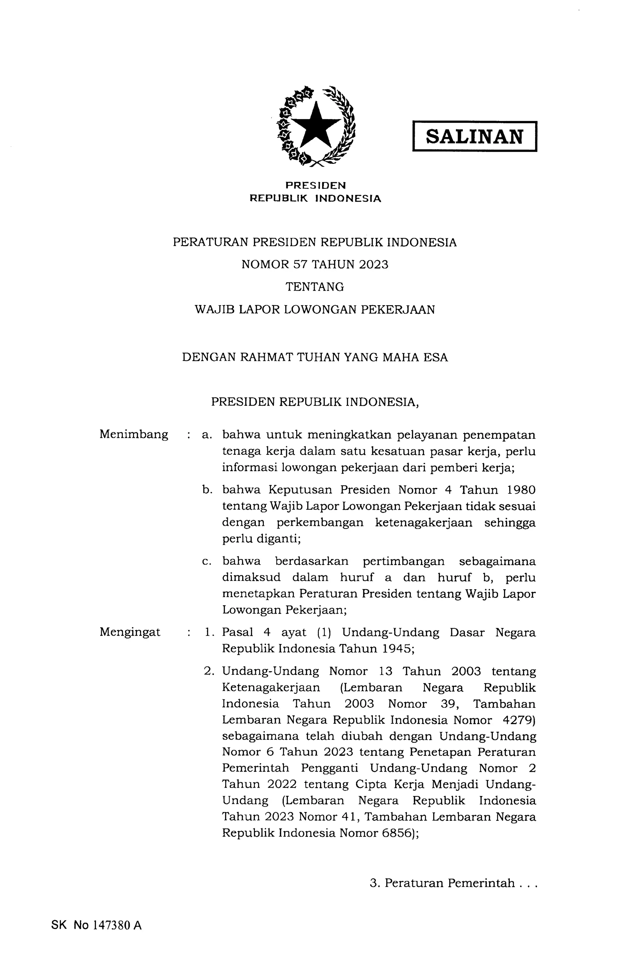 Salinan Perpres Nomor 57 Tahun 2023 | PDF