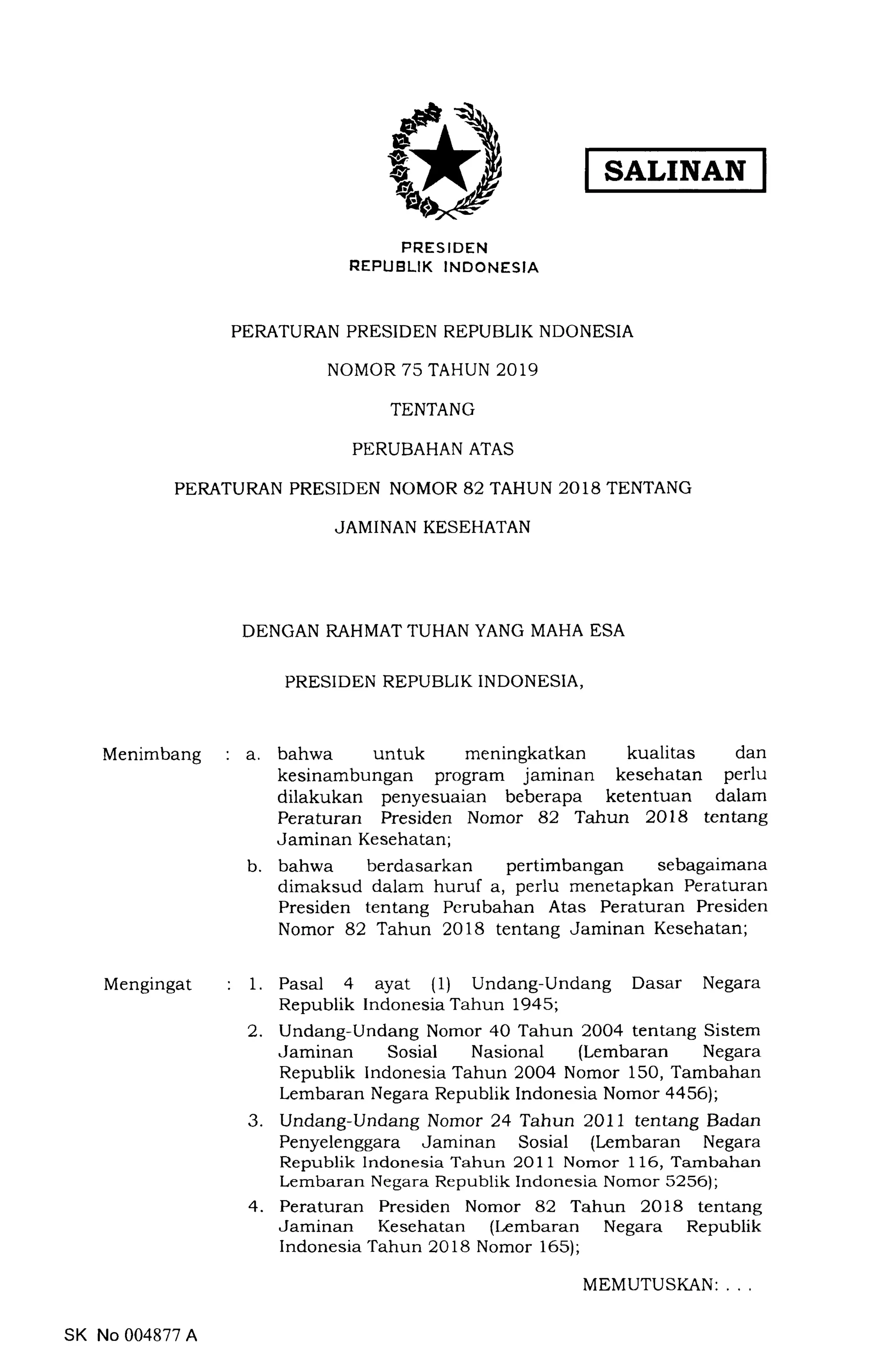 Salinan Perpres Nomor 75 Tahun 2019 | PDF