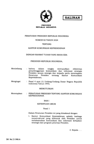 Salinan Perpres Nomor 82 Tahun 2024 kumparan | PDF