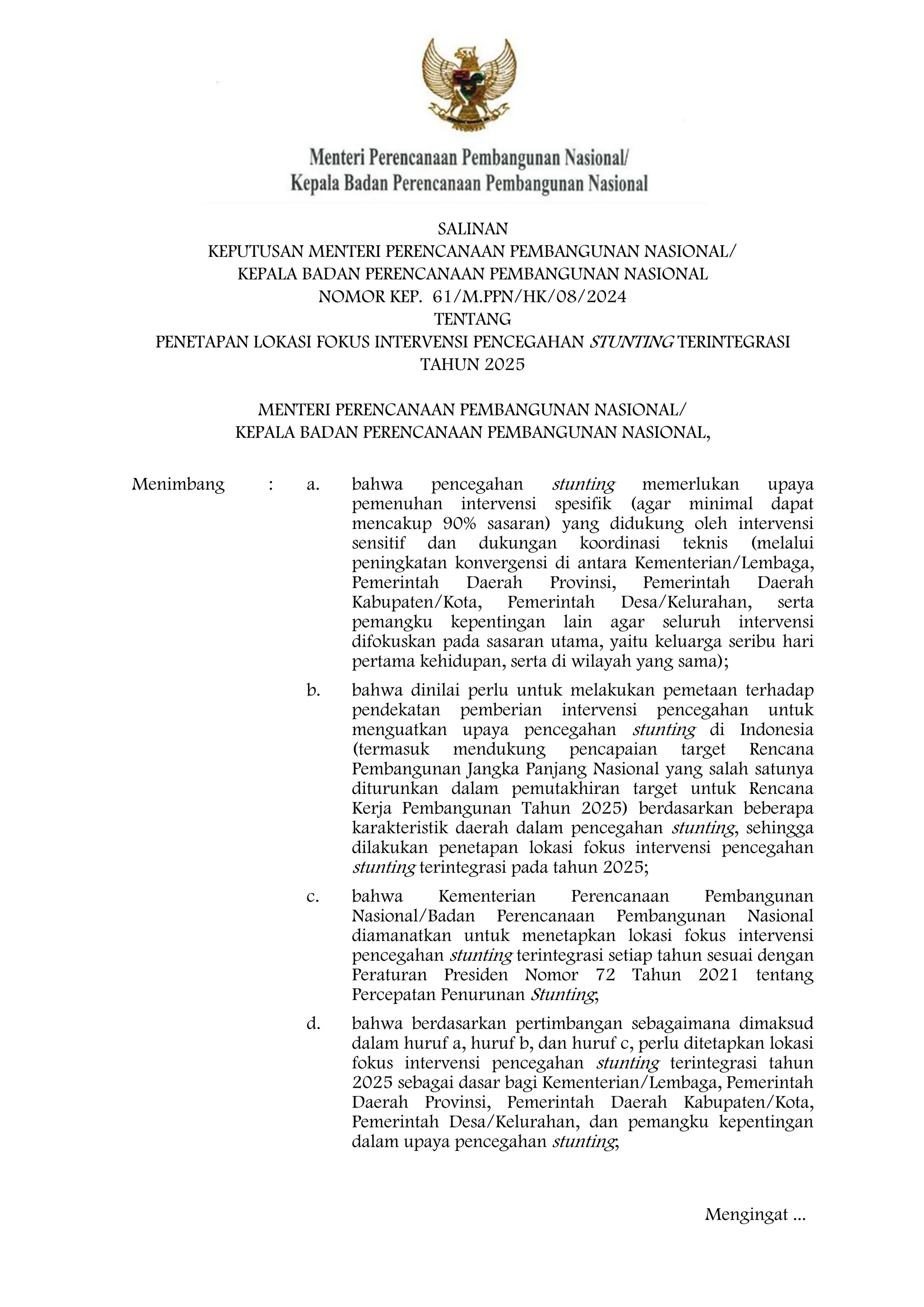 [SALINAN] SK Menteri Nomor 61 Tahun 2024 Penetapan Lokus Pencegahan Stunting Tahun 2025.pdf
