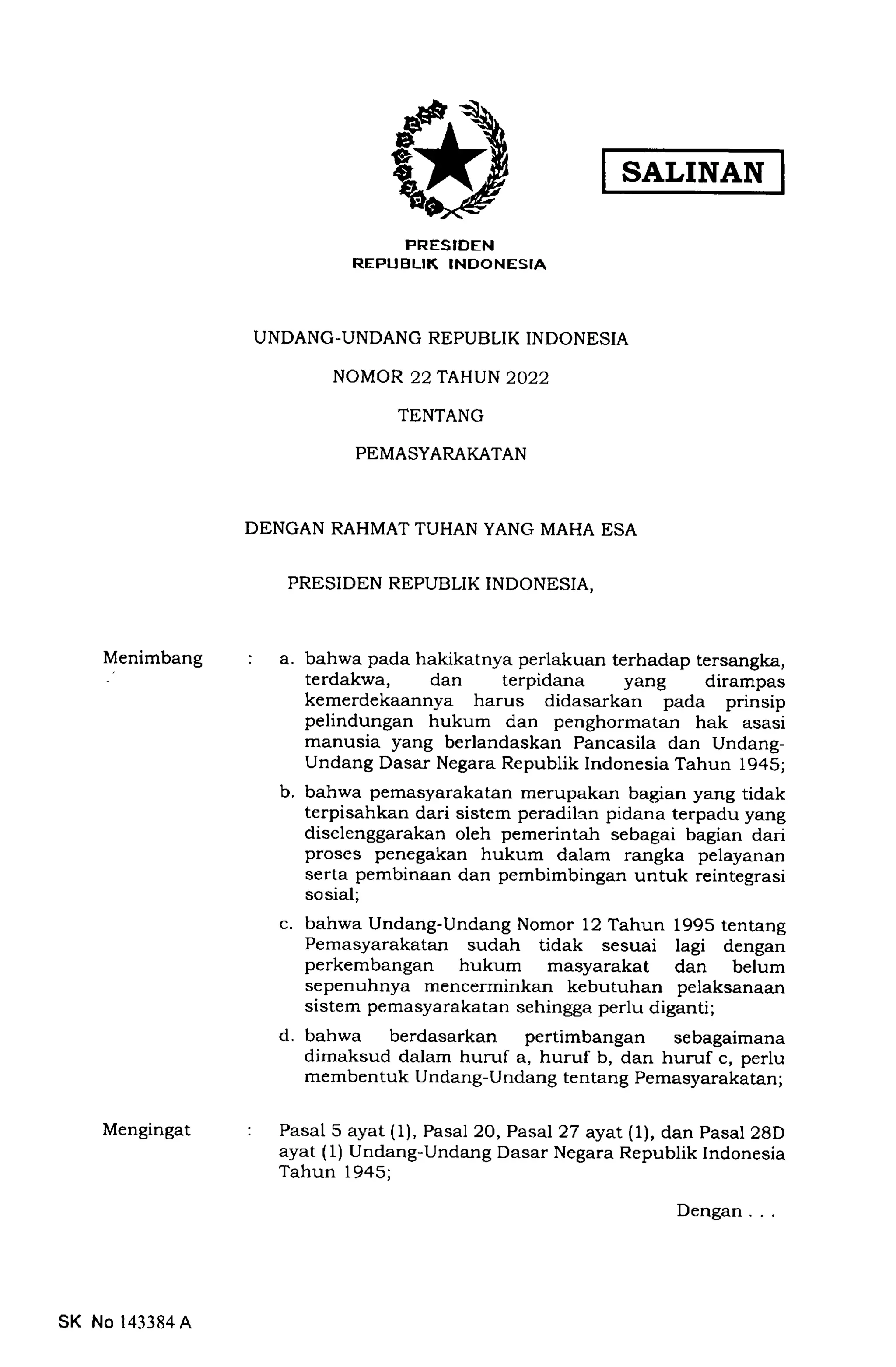 Salinan UU No 22 Tahun 2022 | PDF