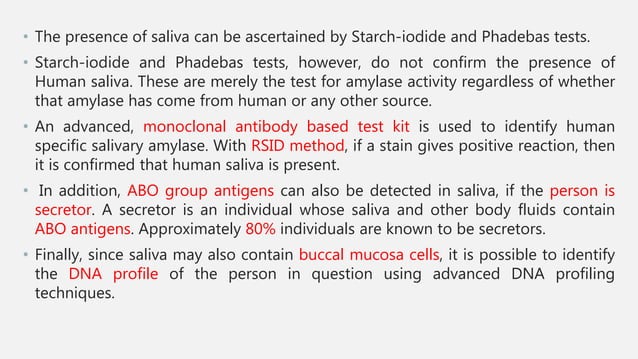 Saliva Analysis Methods -Forensic Biology | PPTX