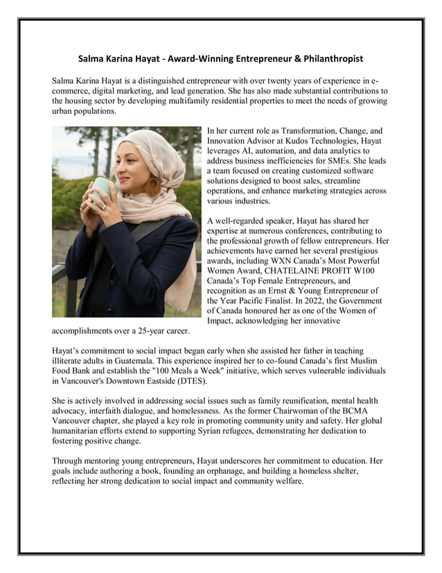 Salma Karina Hayat - Award-Winning Entrepreneur & Philanthropist.pdf | Business | Business and ...