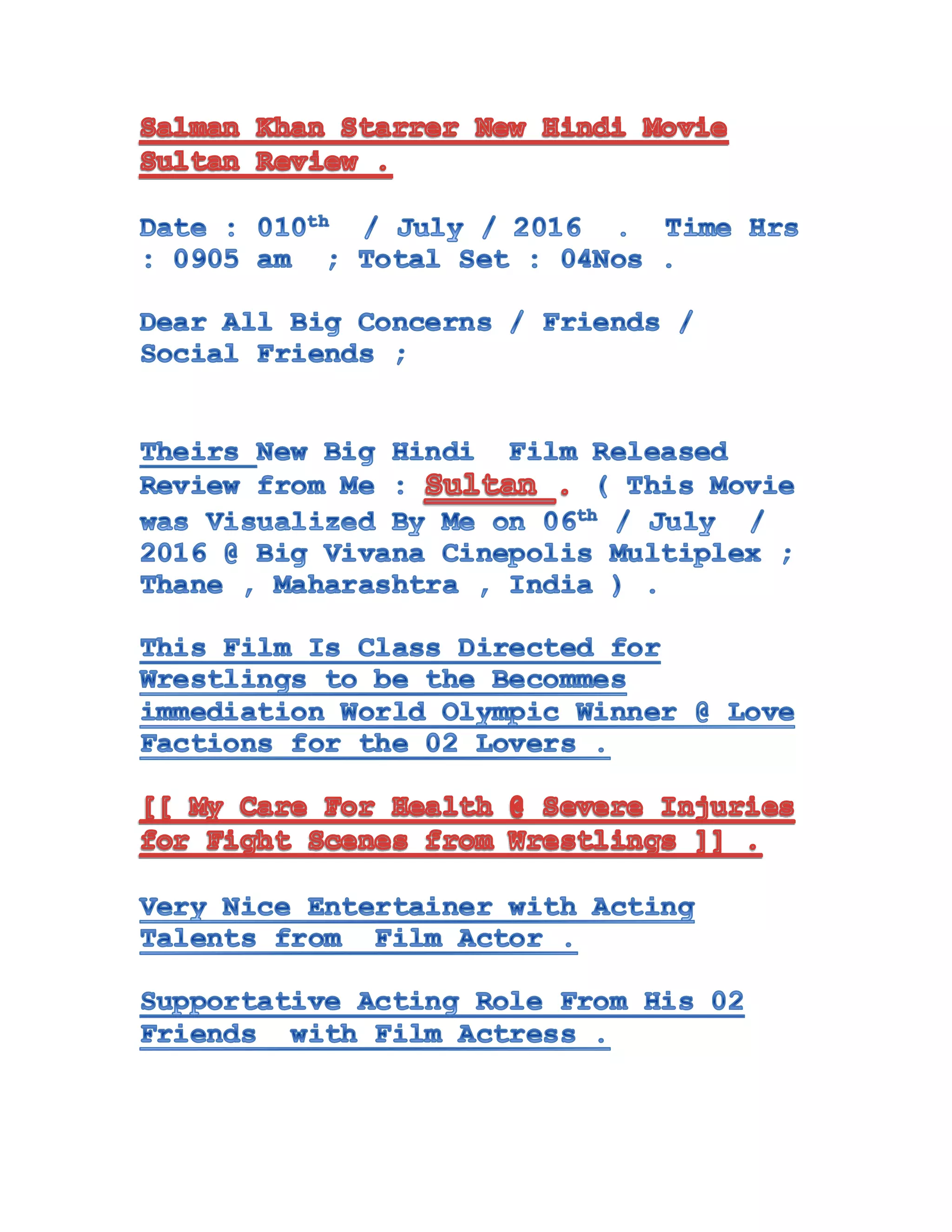 Salman khan starrer new hindi movie sultan review. | PDF