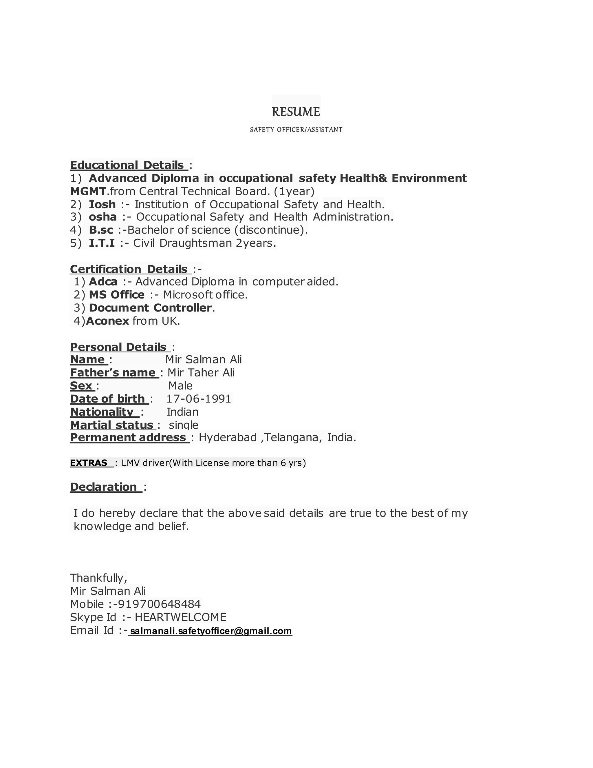 safety officer resume | DOCX