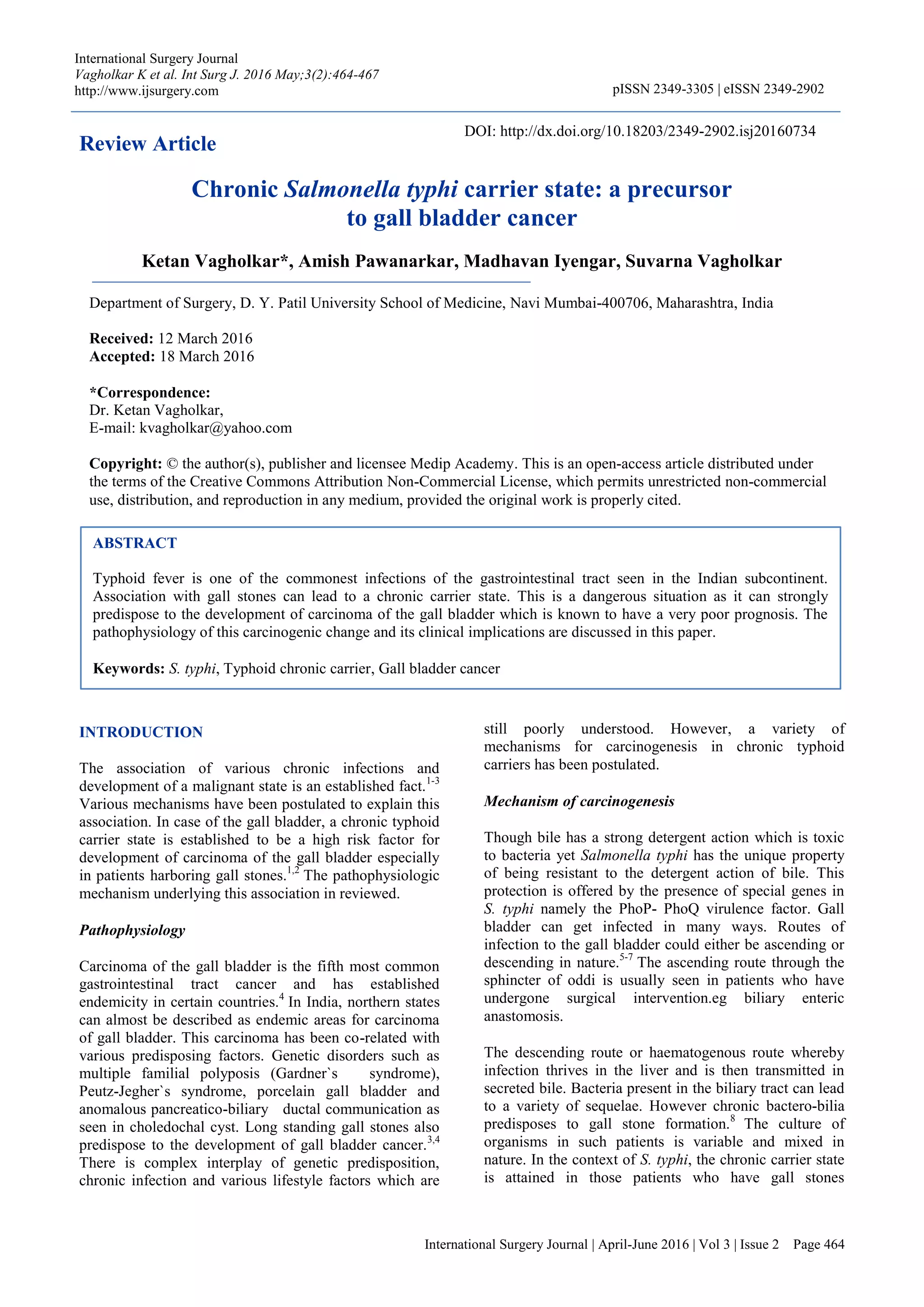 Chronic Salmonella typhi carrier state: a precursor to gall bladder ...