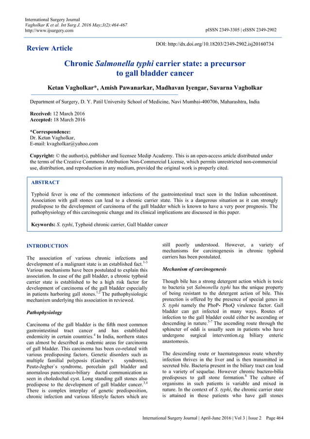 Chronic Salmonella typhi carrier state: a precursor to gall bladder ...
