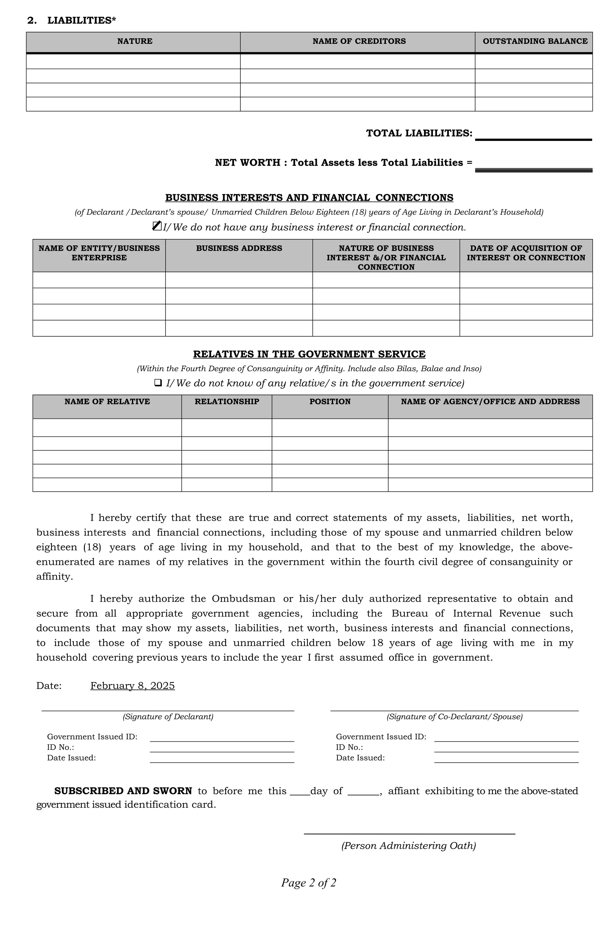 Statement of Assests and Liabilities Form | DOCX