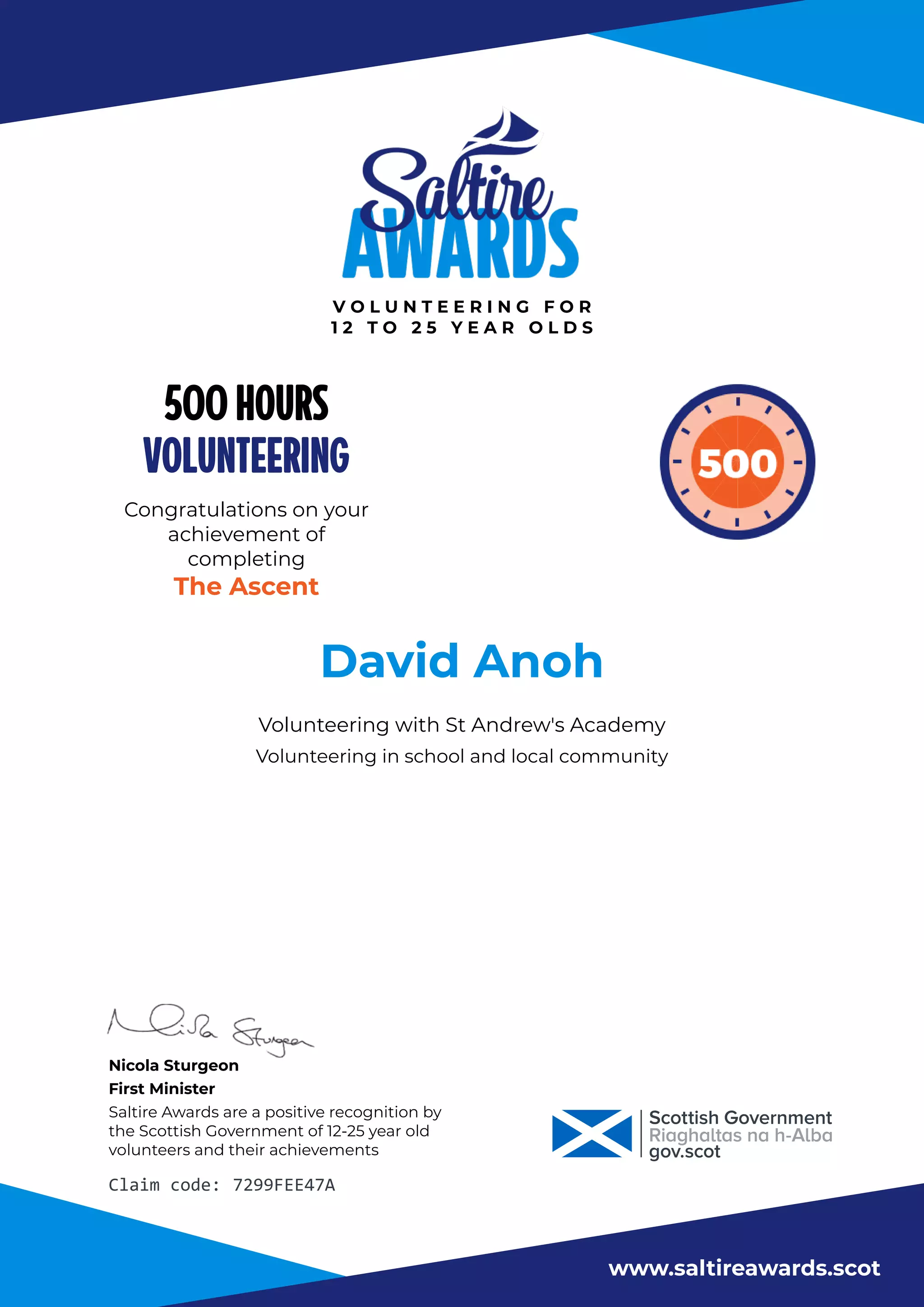 Saltire Award - Ascent for 500 Hours of Volunteering | PDF