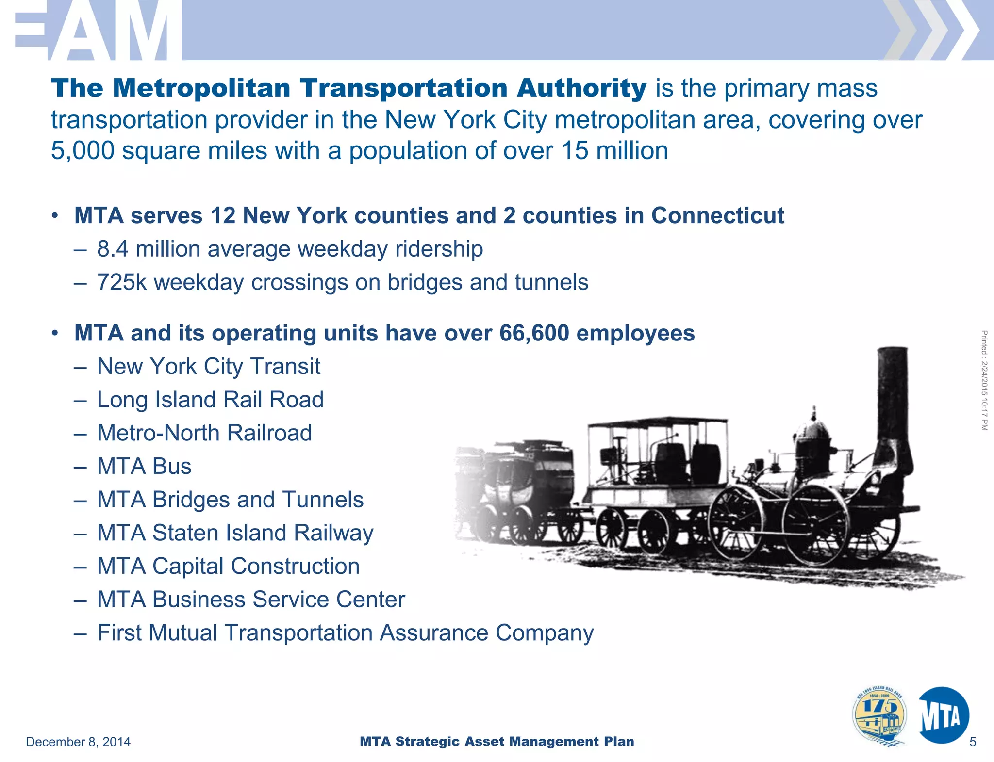 MTA EAM Strategic Asset Management Plan 2014 | PDF