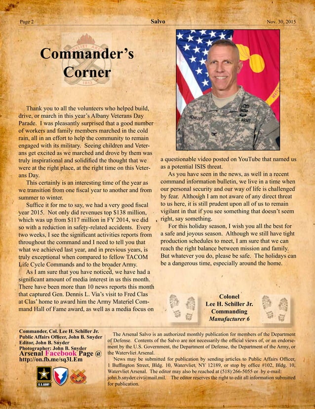 U.S. Army's Watervliet Arsenal November 2015 newsletter: The Salvo | PDF