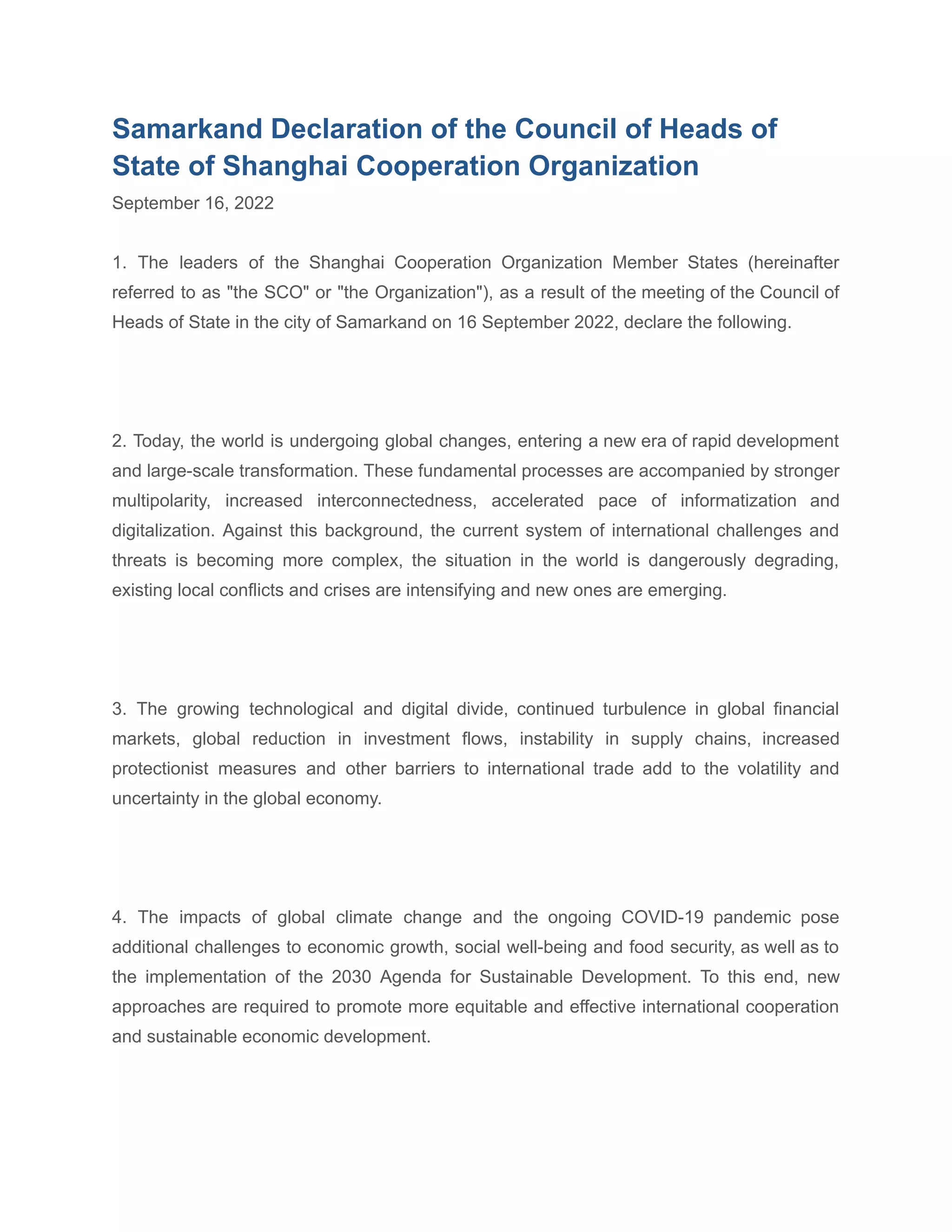 Samarkand Declaration of the Council of Heads of State of Shanghai ...
