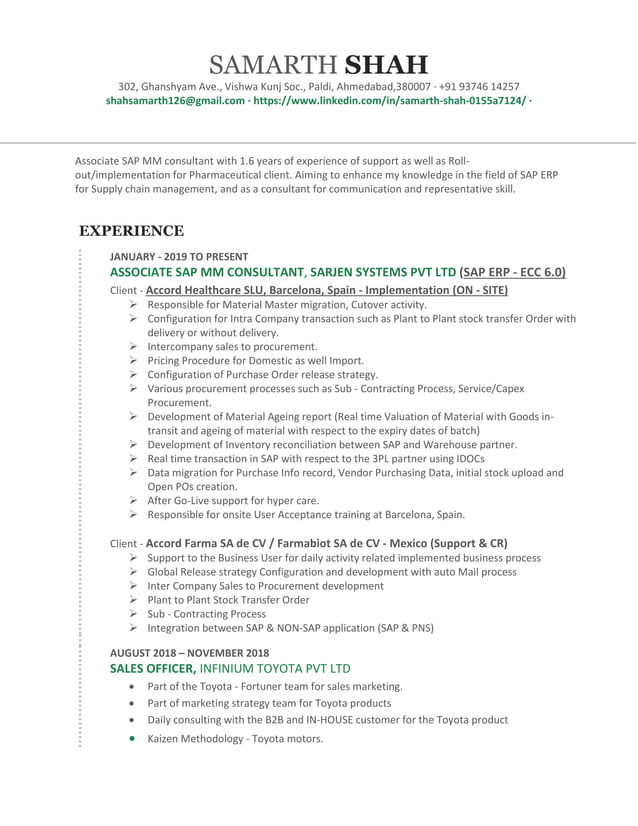 Samarth Shah SAP MM | PDF