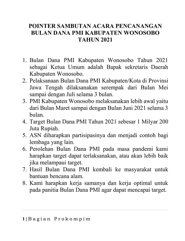 Sambutan bupati wonosobo acara bulan dana pmi | PDF