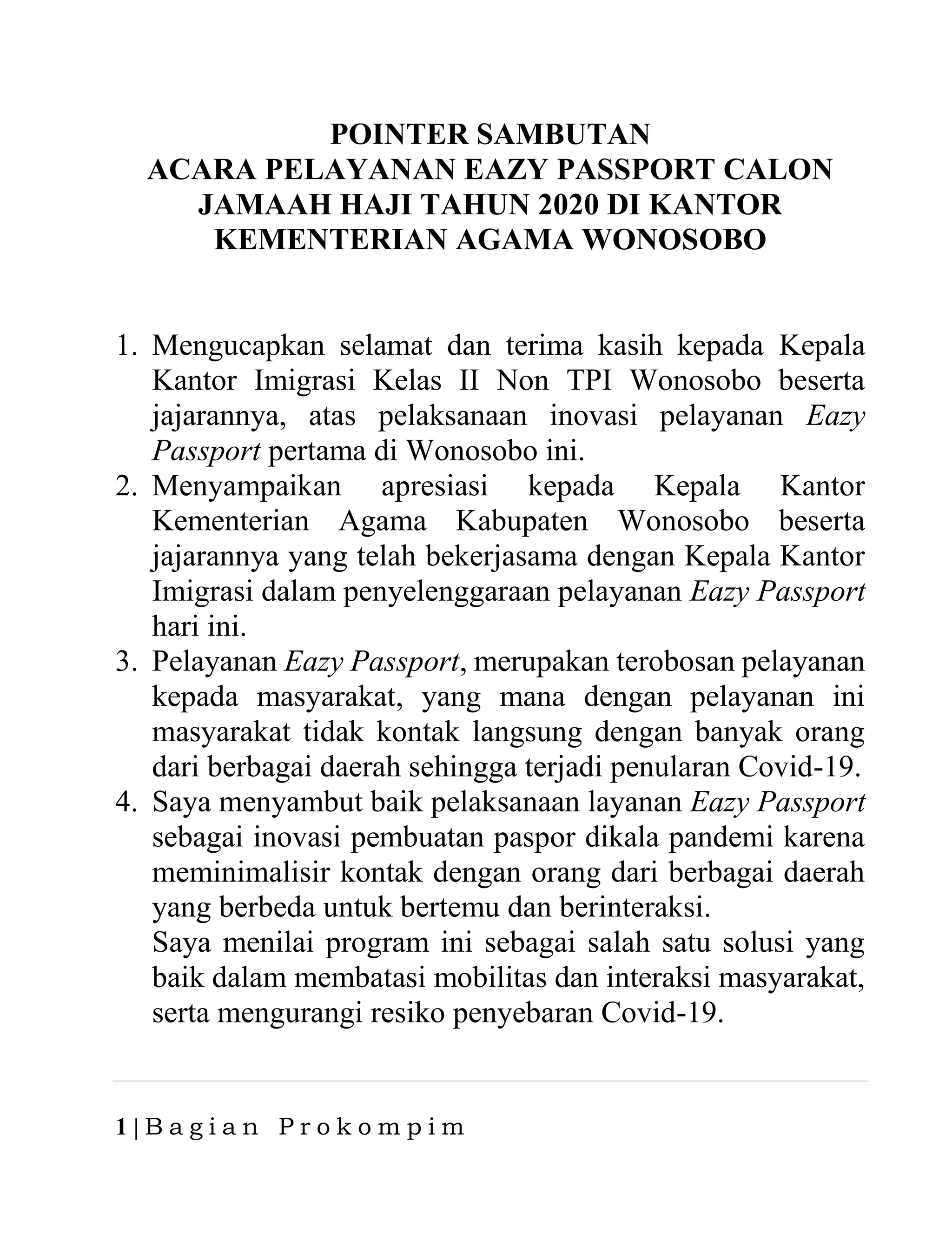 Sambutan bupati wonosobo acara eazy passport | PDF
