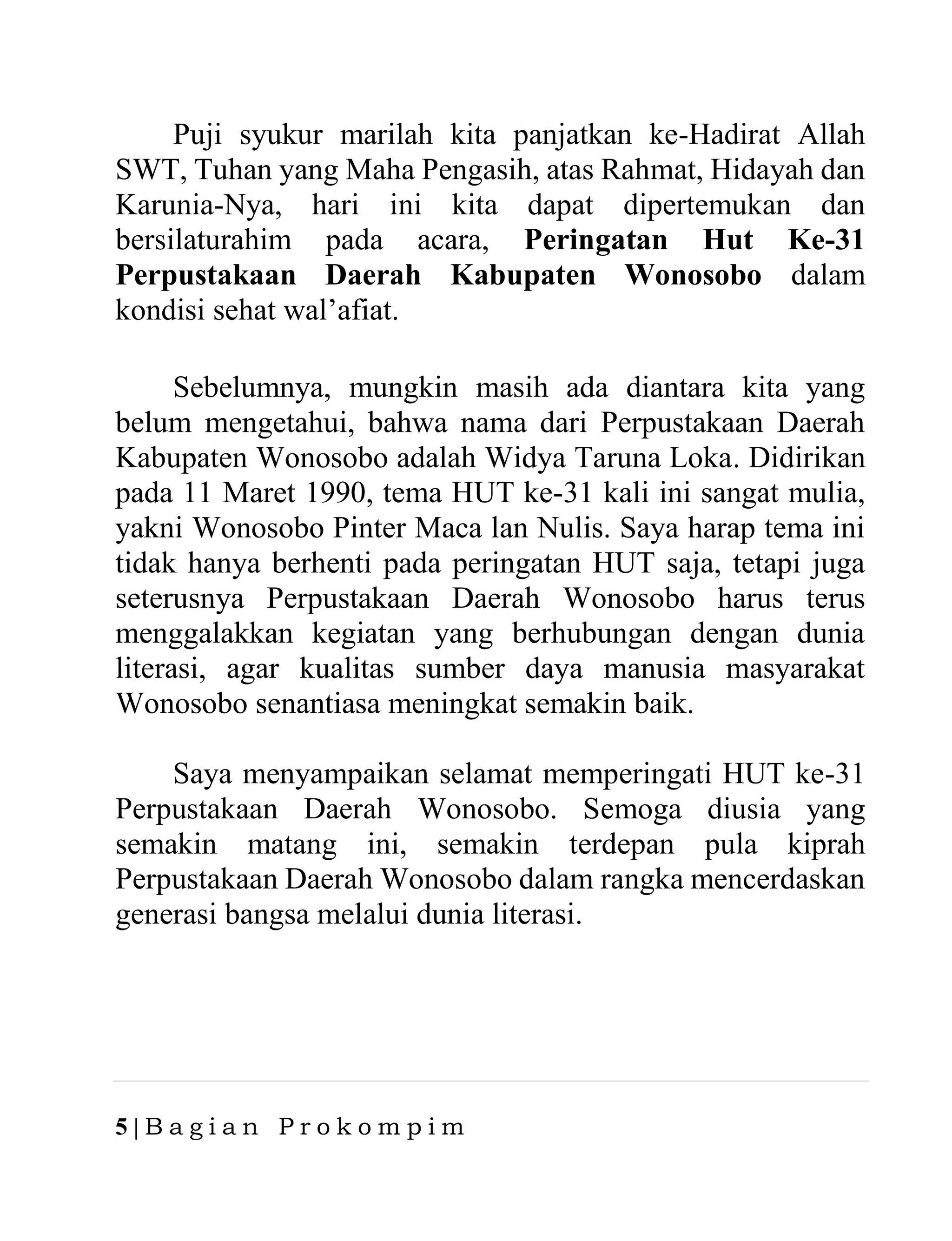Sambutan bupati wonosobo acara hut arpusda | PDF
