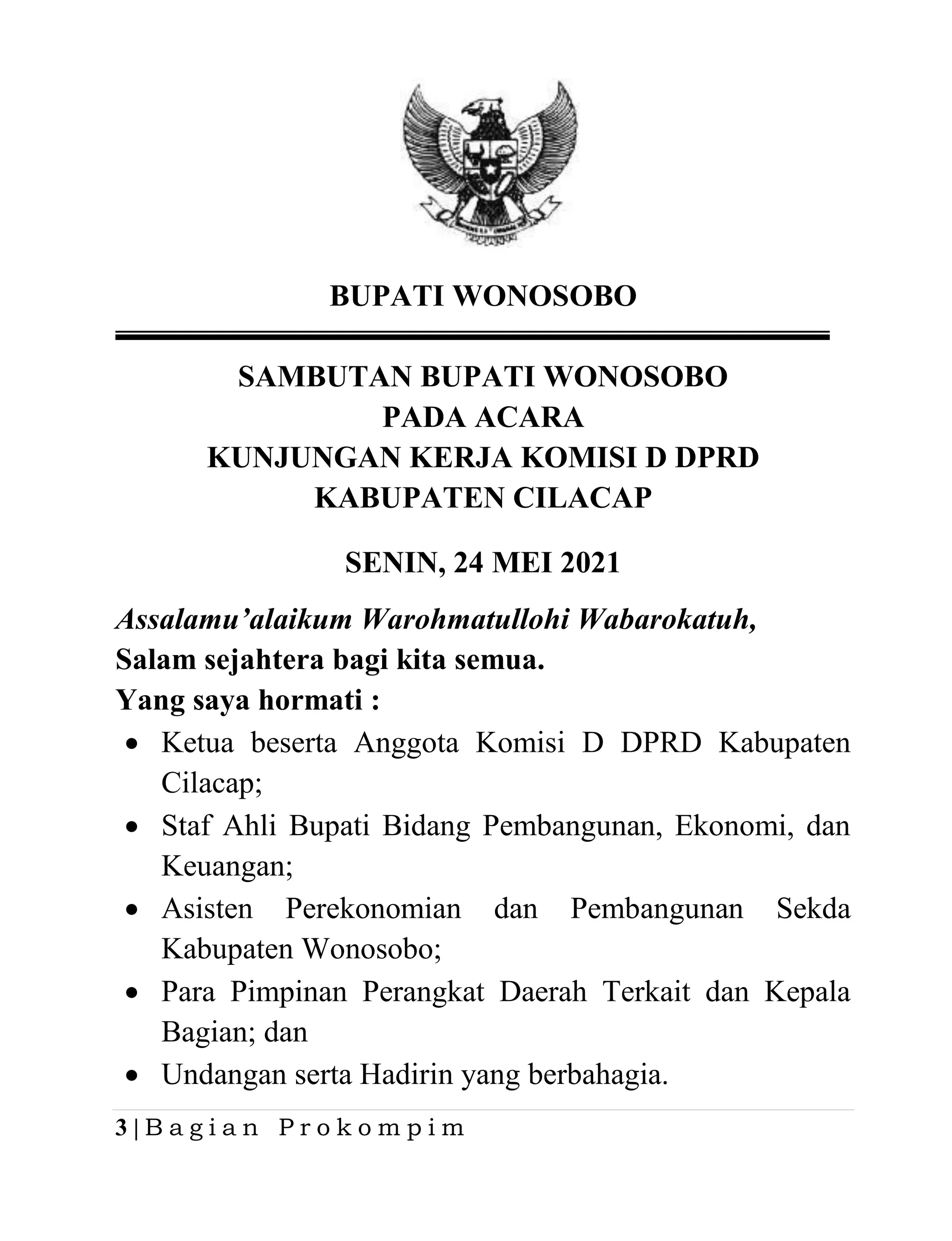 Sambutan bupati wonosobo acara kunker dprd cilacap | PDF
