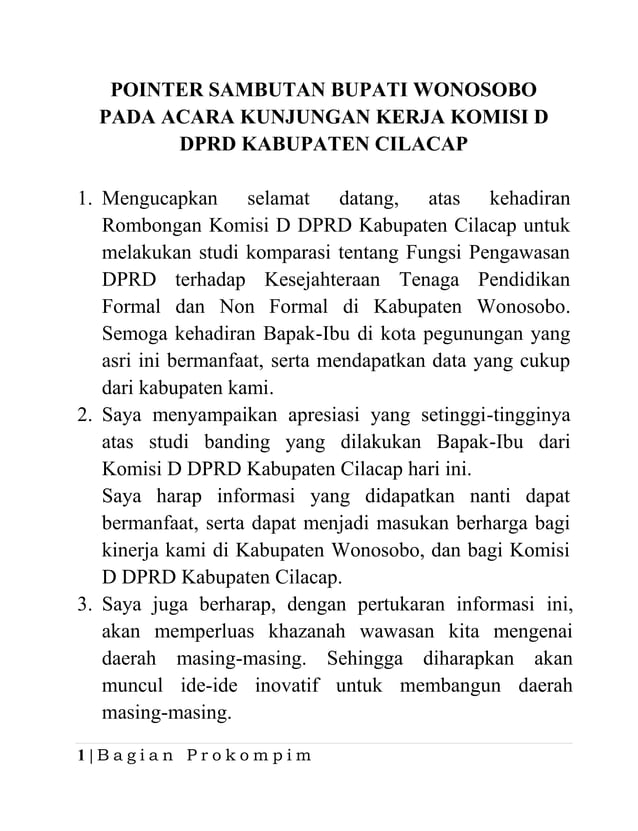 Sambutan bupati wonosobo acara kunker dprd cilacap | PDF