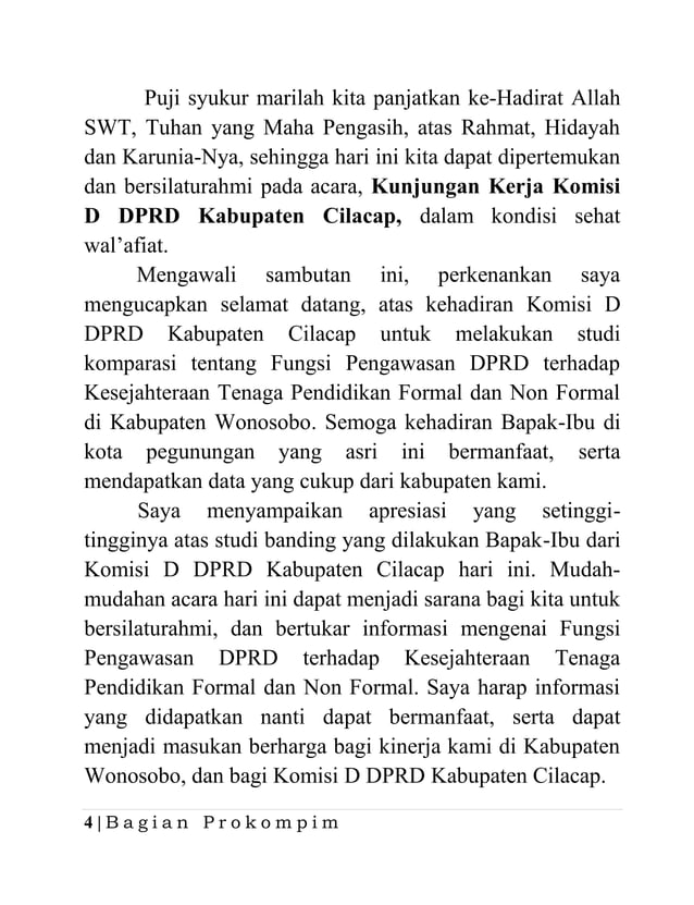 Sambutan bupati wonosobo acara kunker dprd cilacap | PDF