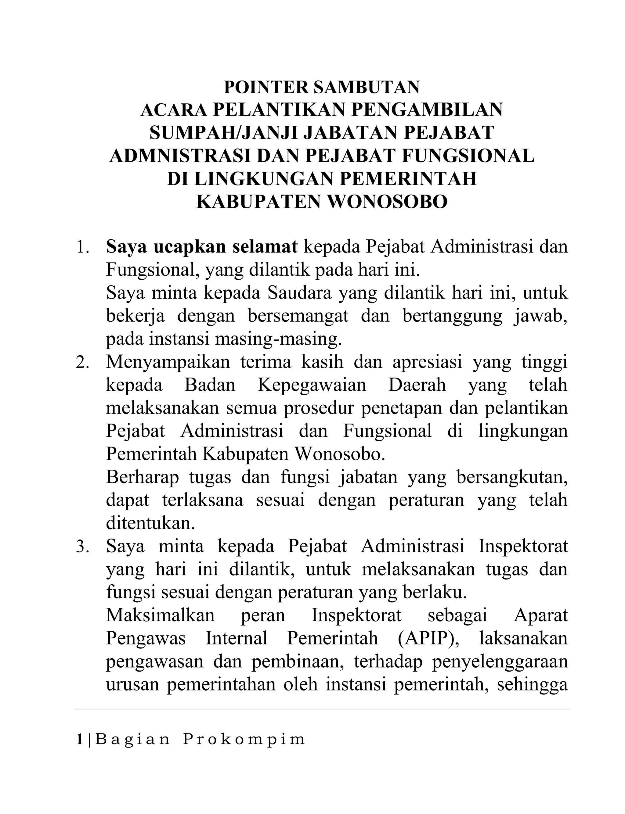 Sambutan bupati wonosobo acara pelantikan 60 jabfung | PDF