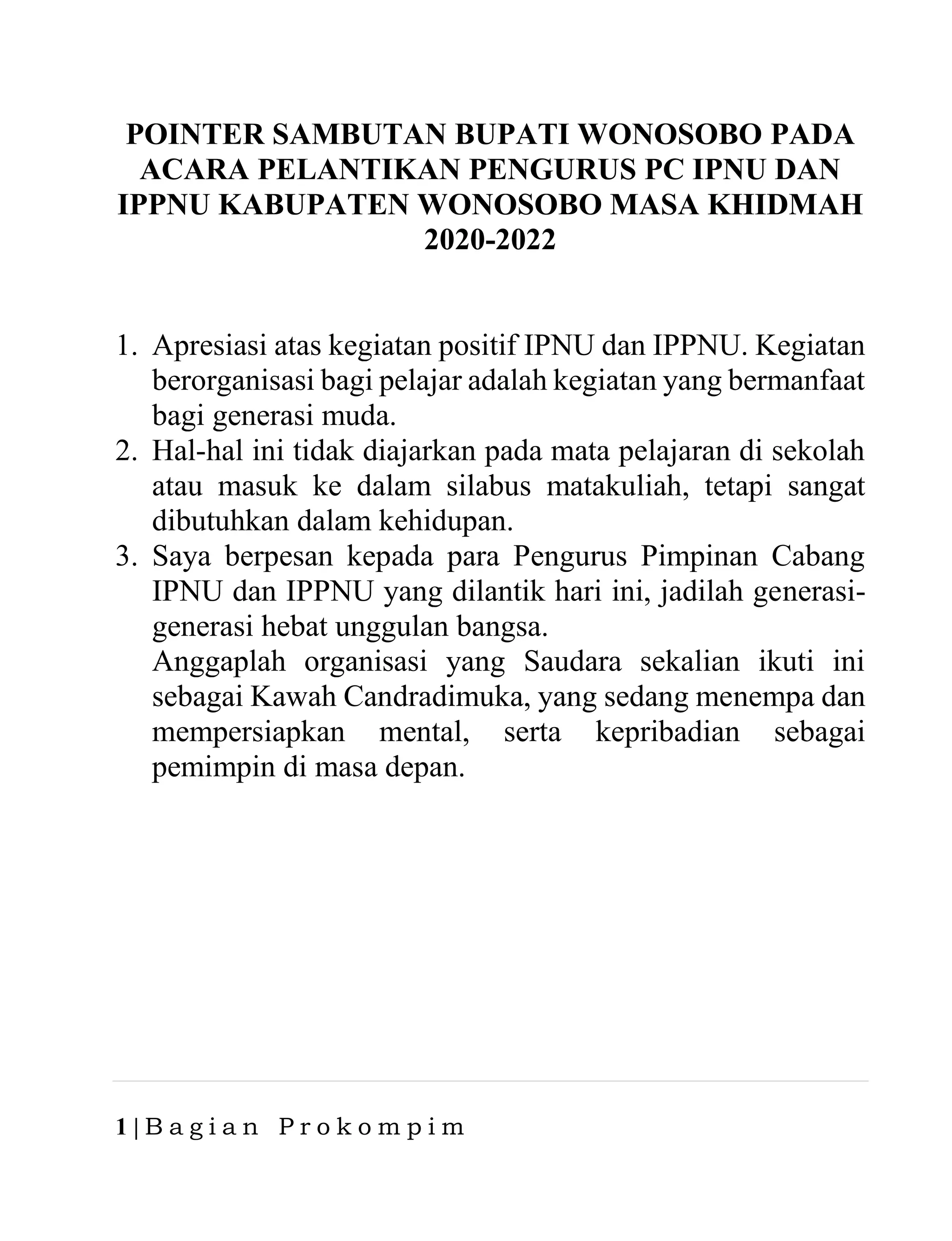 Sambutan bupati wonosobo acara pelantikan pengurus pc ipnu ippnu | PDF