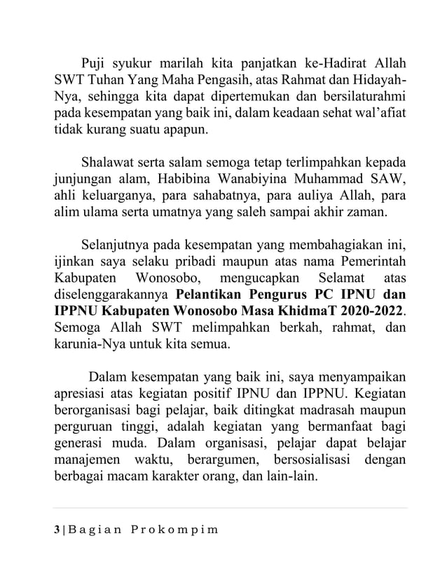 Sambutan bupati wonosobo acara pelantikan pengurus pc ipnu ippnu | PDF