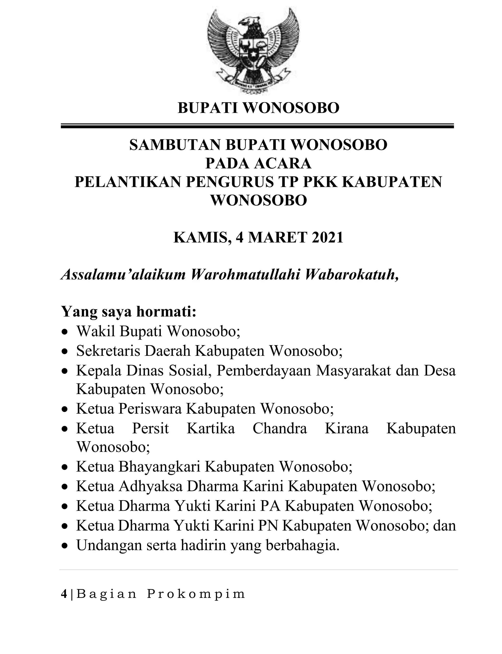 Sambutan bupati wonosobo acara pelantikan pengurus pkk | PDF