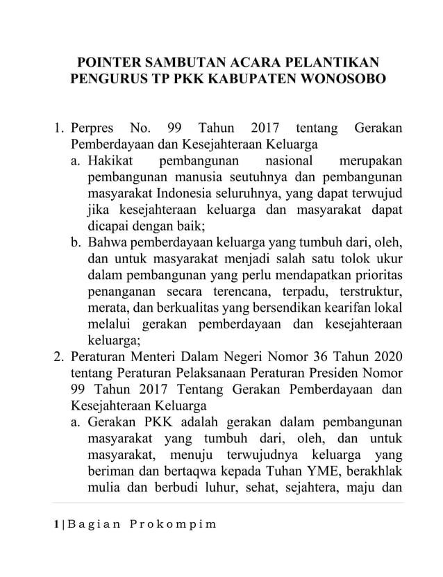 Sambutan bupati wonosobo acara pelantikan pengurus pkk | PDF
