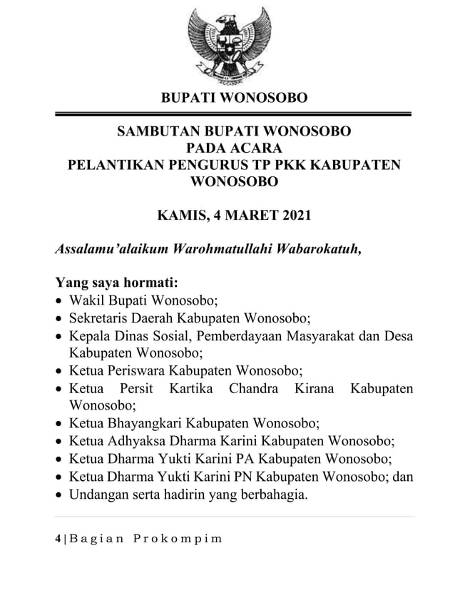 Sambutan bupati wonosobo acara pelantikan pengurus pkk | PDF