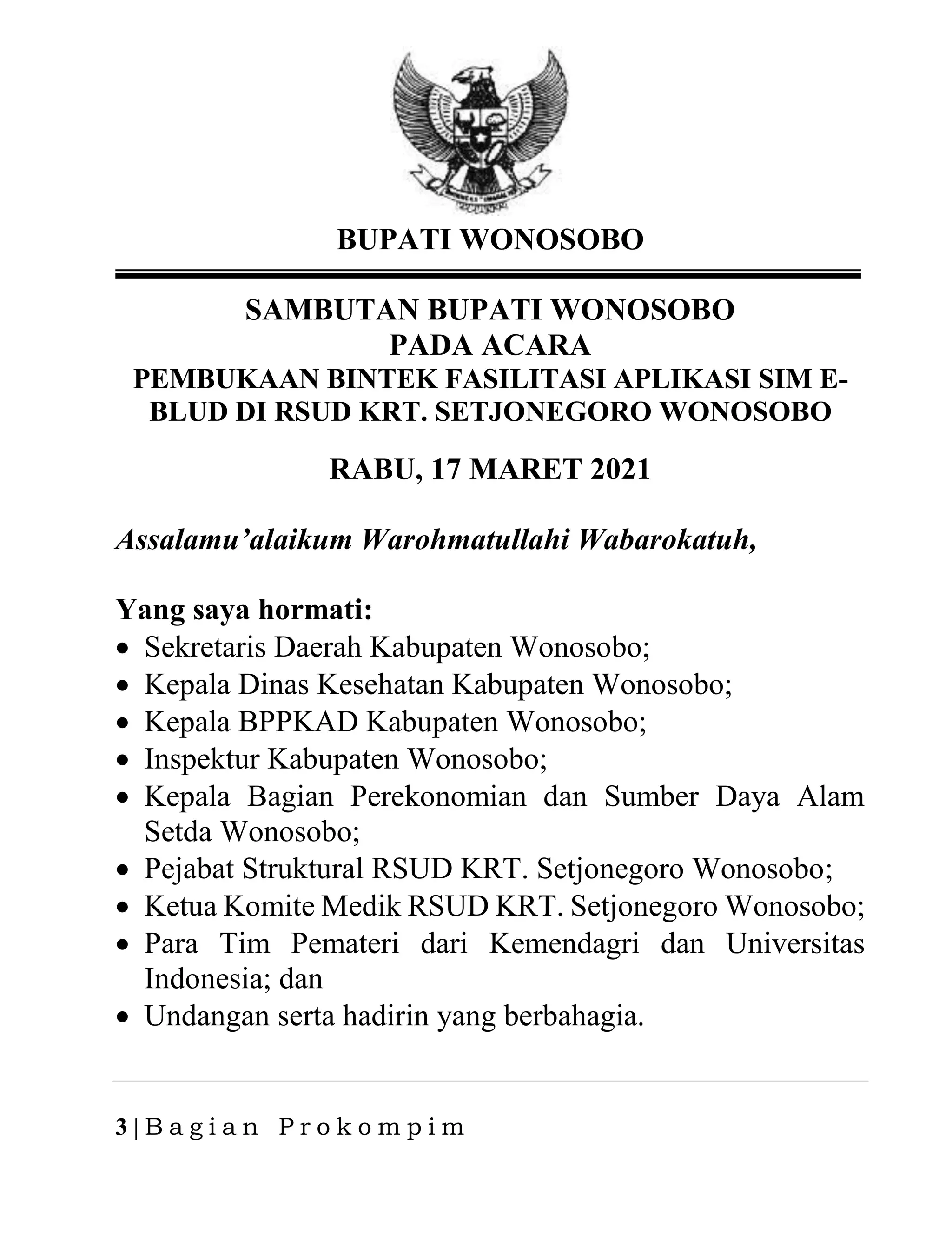 Sambutan bupati wonosobo acara pembukaan bintek rsud | PDF