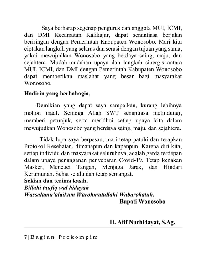 Sambutan bupati wonosobo acara pembukaan musker mui, icmi, dmi kalikajar | PDF