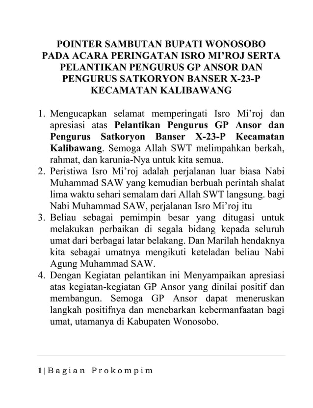 Sambutan bupati wonosobo acara peringatan isra miraj dan pelantikan gp ansor | PDF