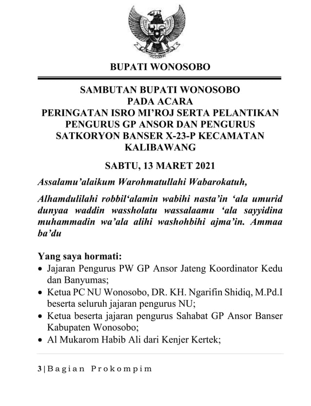 Sambutan bupati wonosobo acara peringatan isra miraj dan pelantikan gp ...