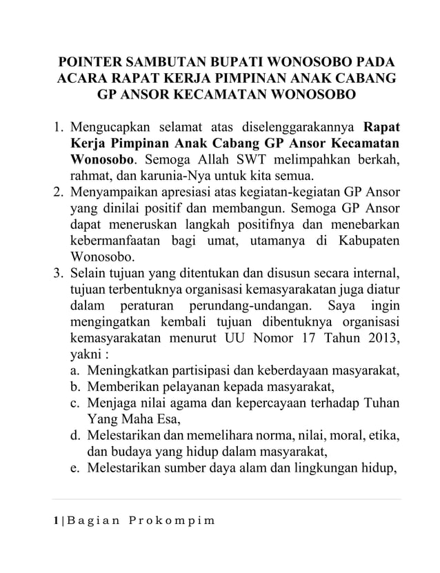 Sambutan bupati wonosobo acara raker pac gp ansor | PDF