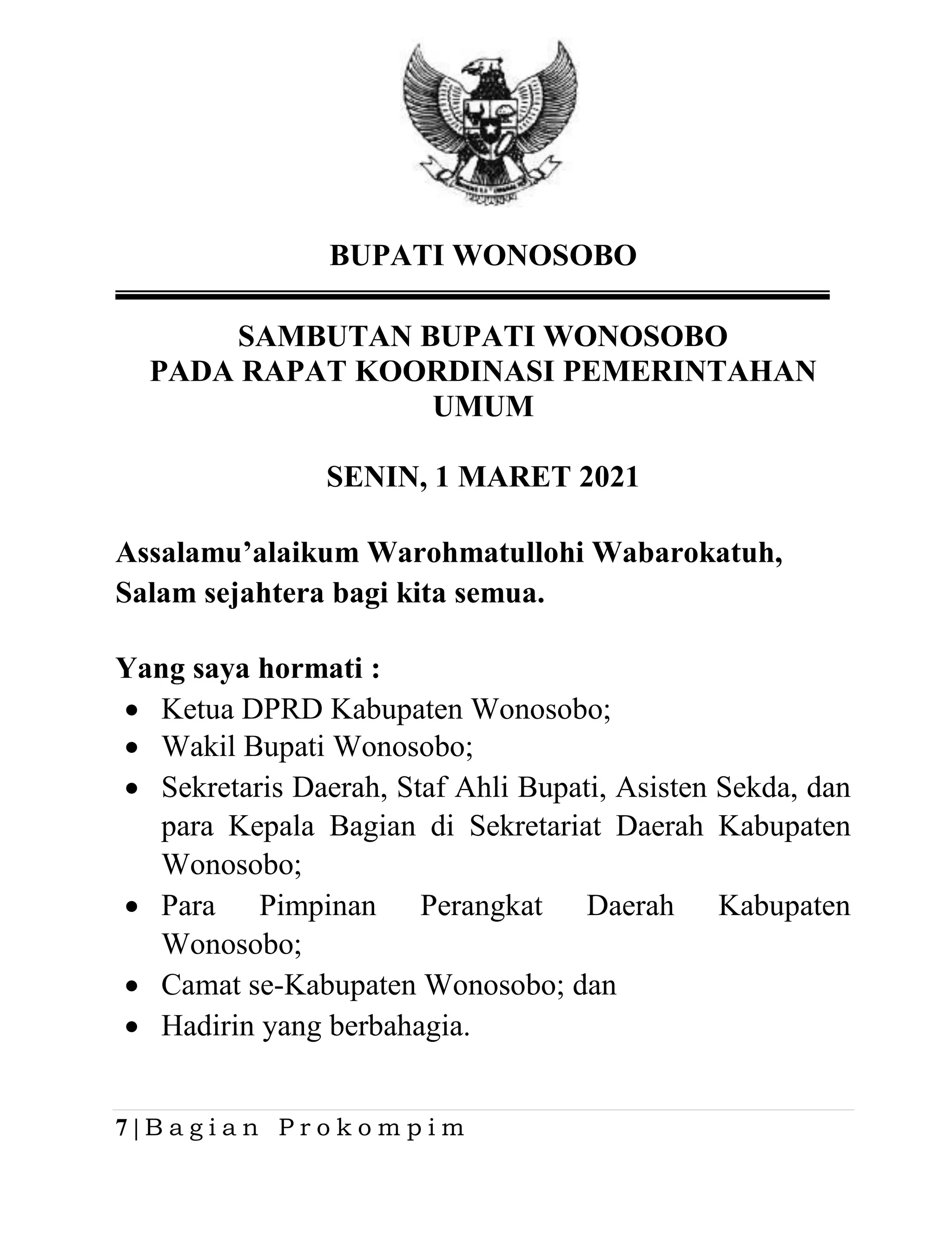 Sambutan bupati wonosobo acara rapat koordinasi pemerintahan umum | PDF