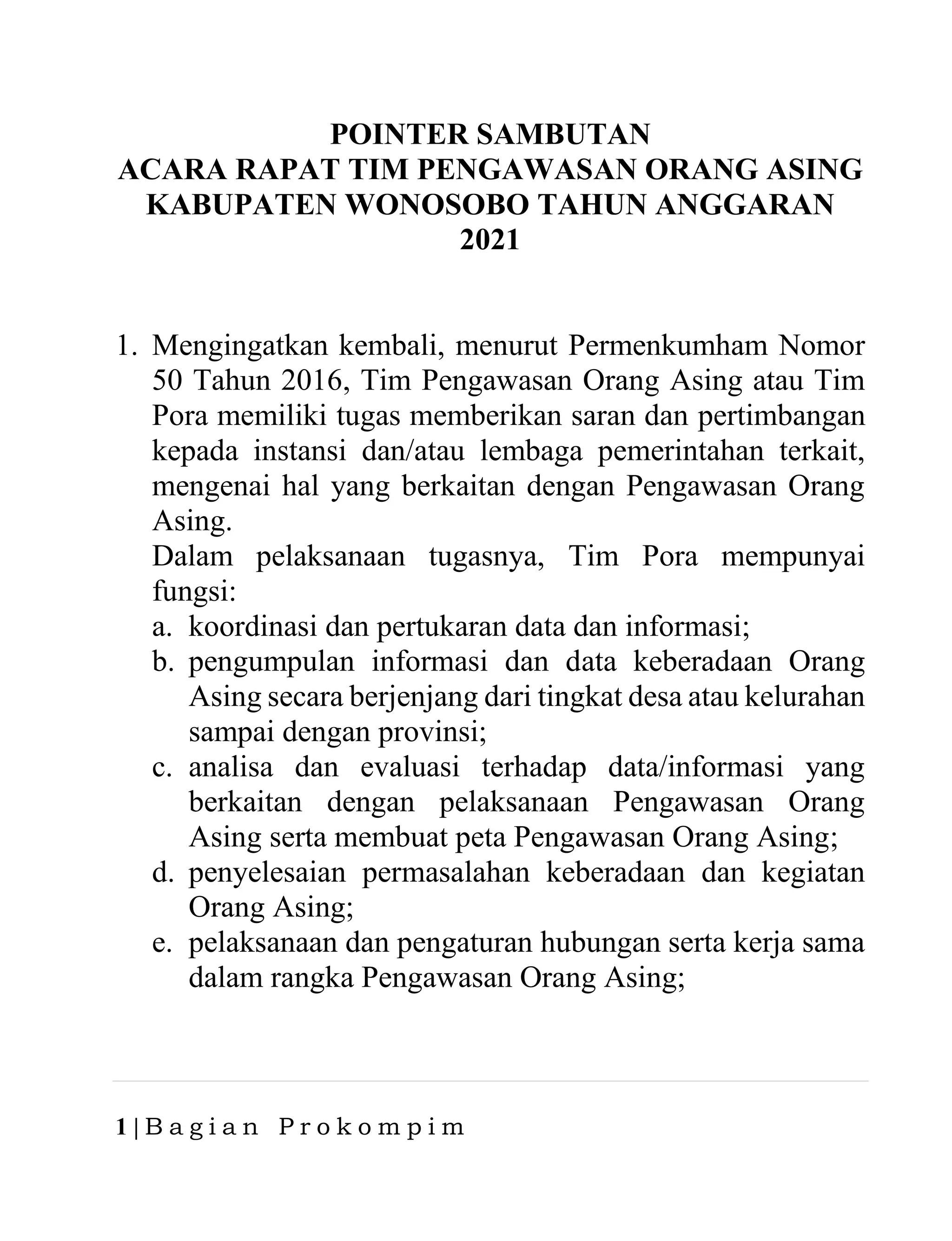 Sambutan bupati wonosobo acara rapat tim pora | PDF