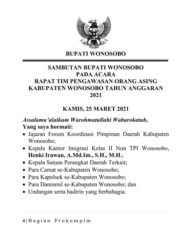 Sambutan bupati wonosobo acara rapat tim pora | PDF