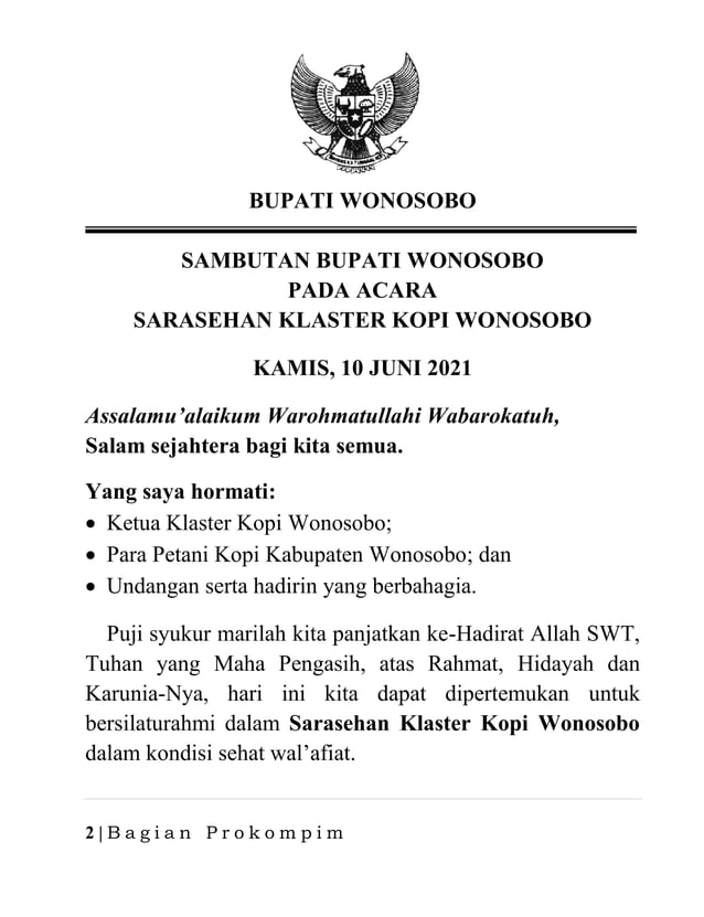 Sambutan bupati wonosobo acara sarasehan kopi | PDF