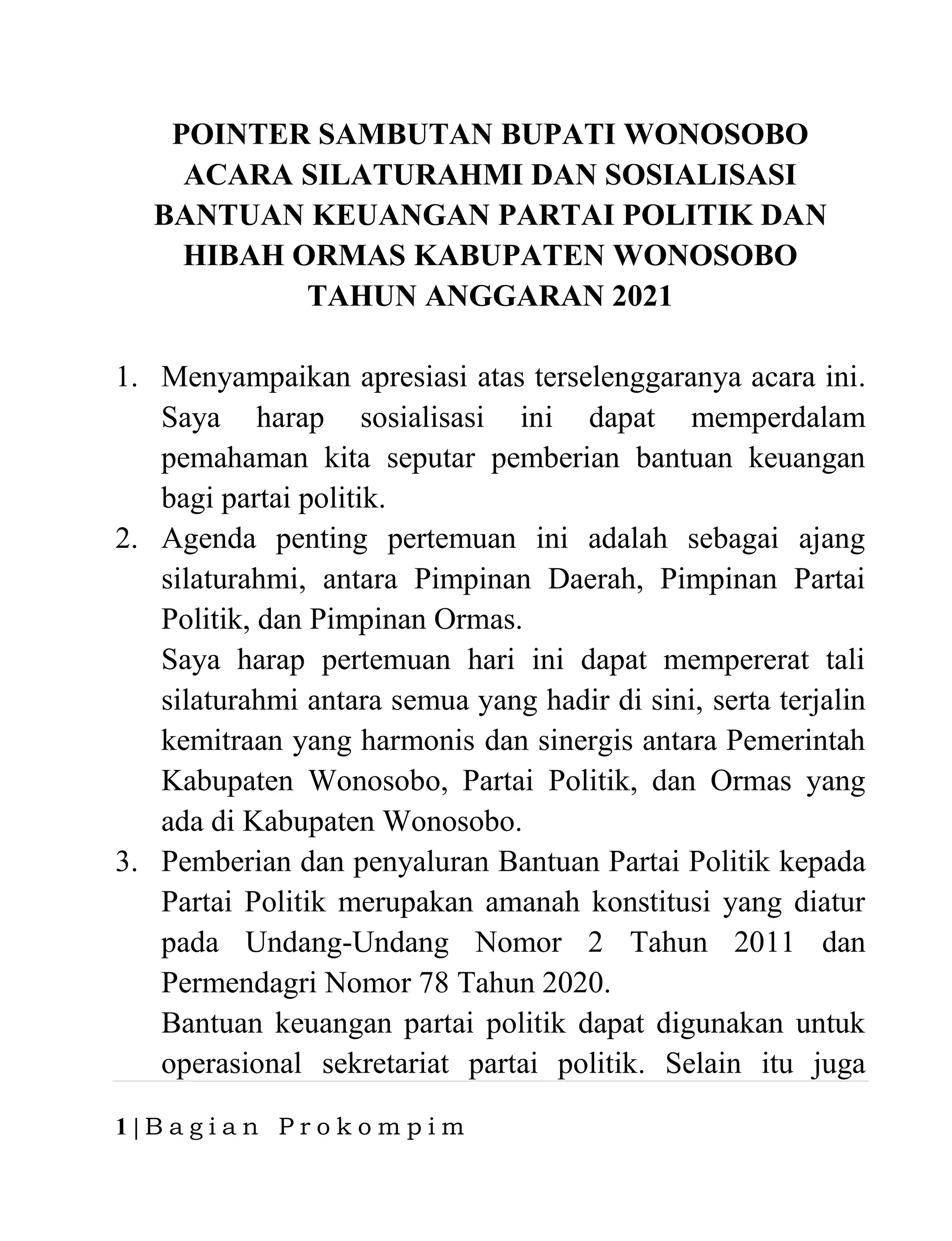 Sambutan bupati wonosobo acara sosialisasi bankeu parpol | PDF