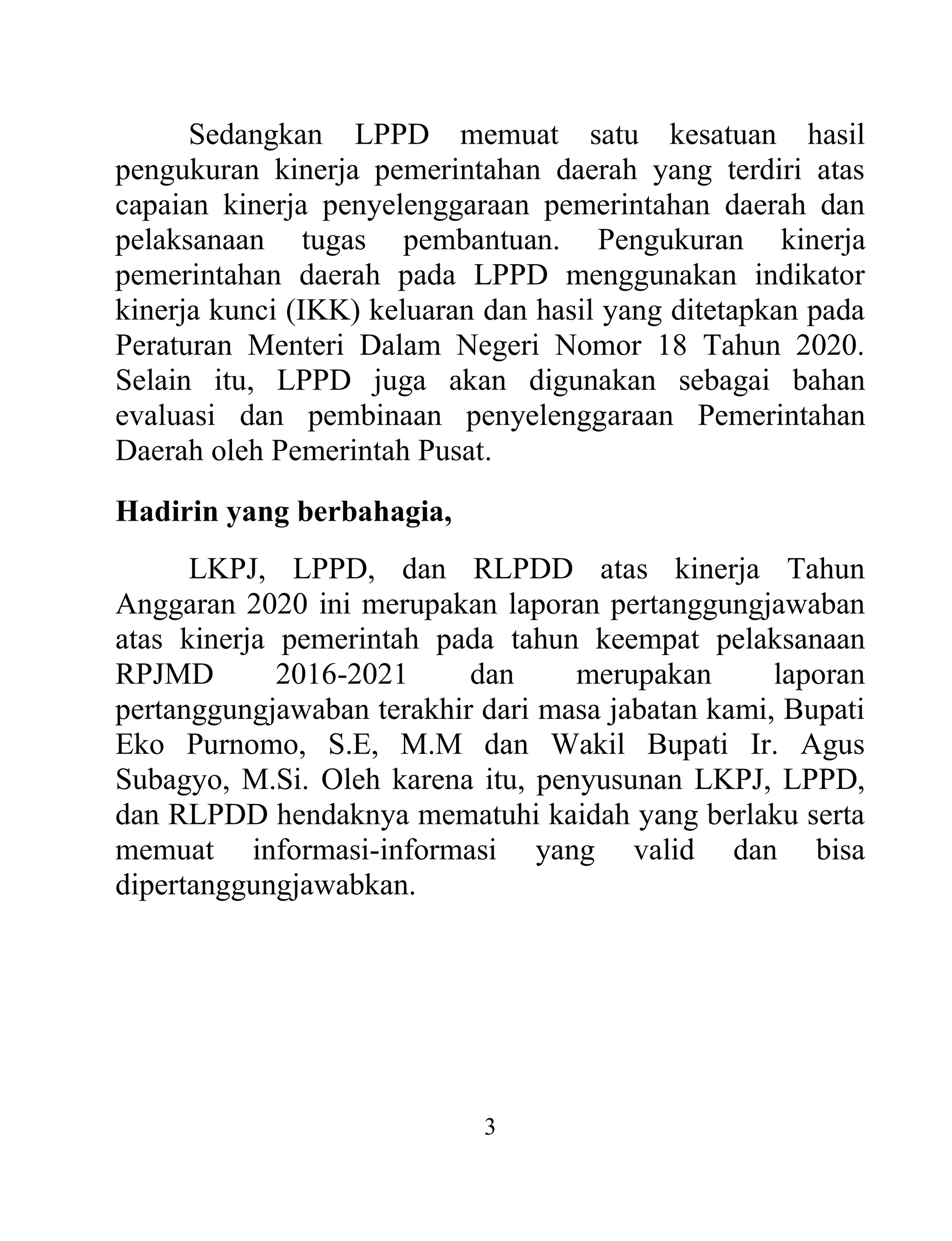 Sambutan bupati wonosobo acara sosialisasi pedoman penyusunan lkpj dan lppd | PDF
