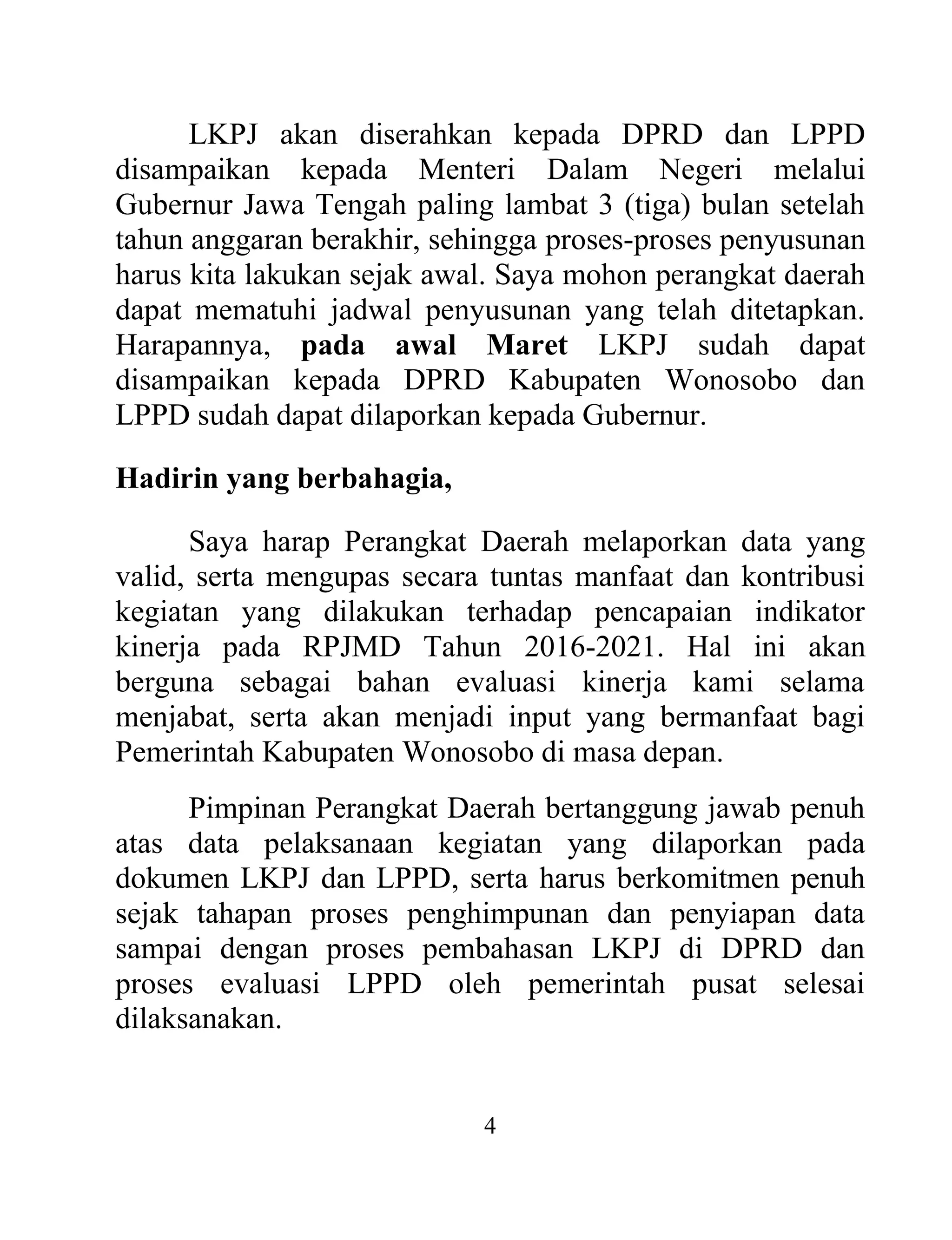 Sambutan bupati wonosobo acara sosialisasi pedoman penyusunan lkpj dan lppd | PDF