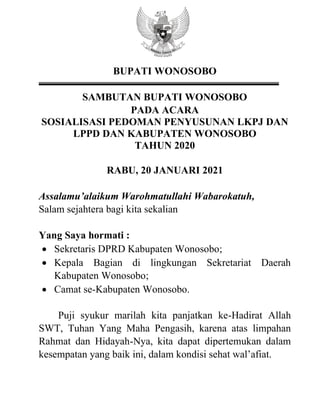 Sambutan bupati wonosobo acara sosialisasi pedoman penyusunan lkpj dan lppd | PDF