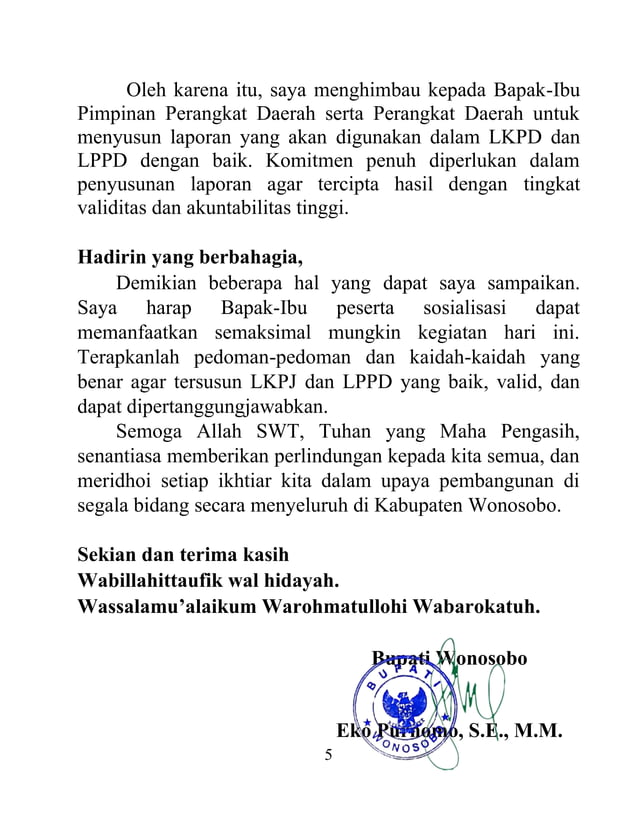 Sambutan bupati wonosobo acara sosialisasi pedoman penyusunan lkpj dan lppd | PDF
