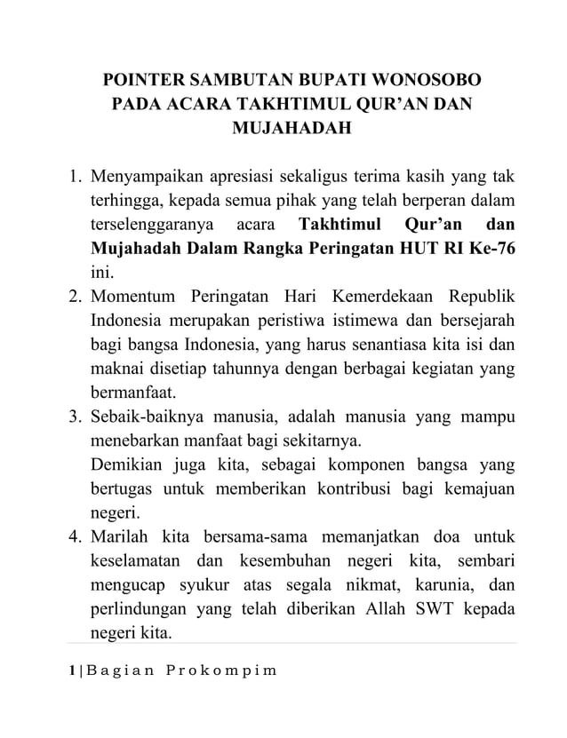Sambutan bupati wonosobo mujahadah hut ri | PDF
