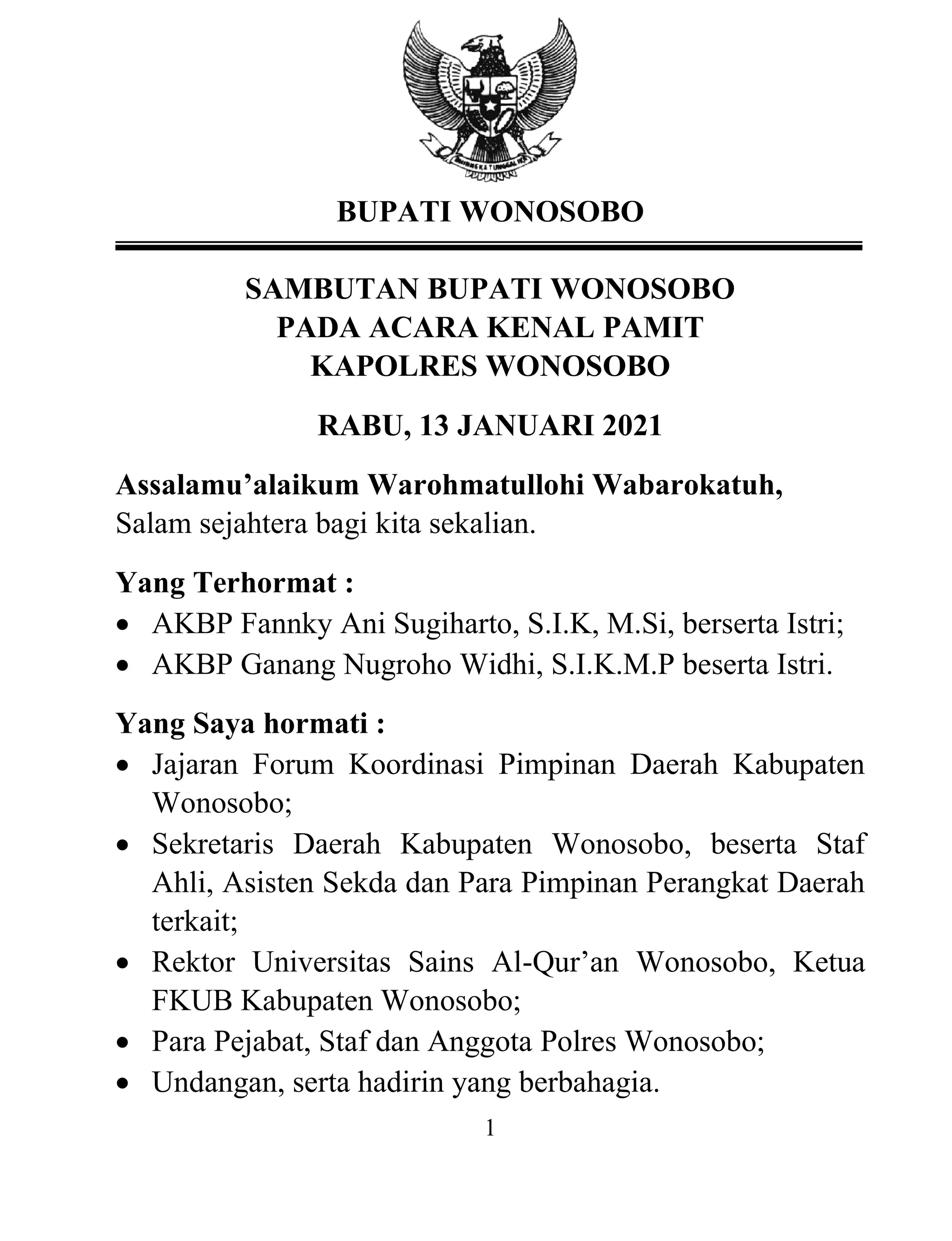 Sambutan bupati wonosobo pada acara kenal pamit kapolres wonosobo | PDF